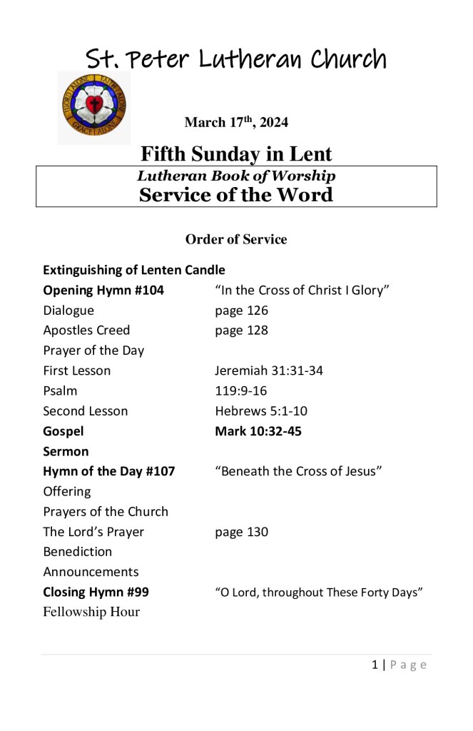 Fifth Sunday in Lent 2024 Bulletin - St Peter Lutheran Church