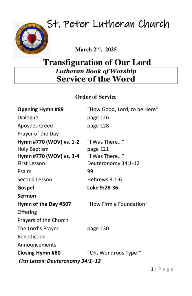 Transfiguration Sunday 2025 Bulletin - St Peter Lutheran Church