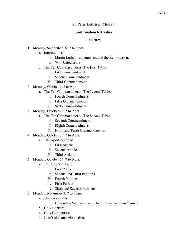 Confirmation Refresher Course: Schedule and Plan - St Peter Lutheran Church